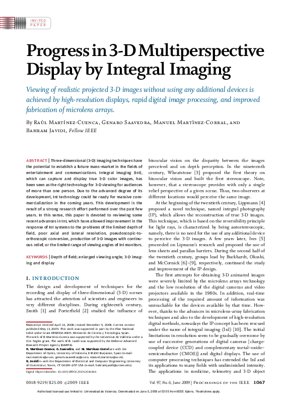 (PDF) Progress in 3-D Multiperspective Display by Integral Imaging | Manuel Martinez Corral ...