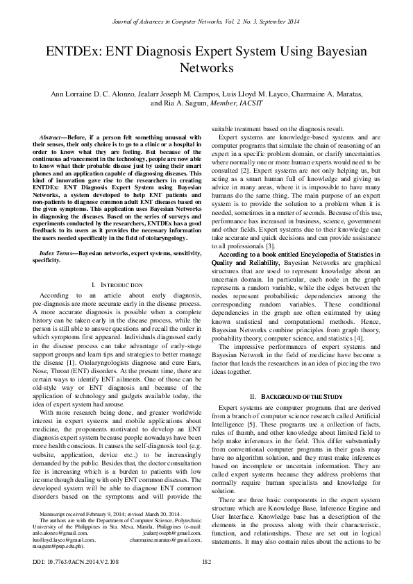 (PDF) ENTDEx: ENT Diagnosis Expert System Using Bayesian Networks