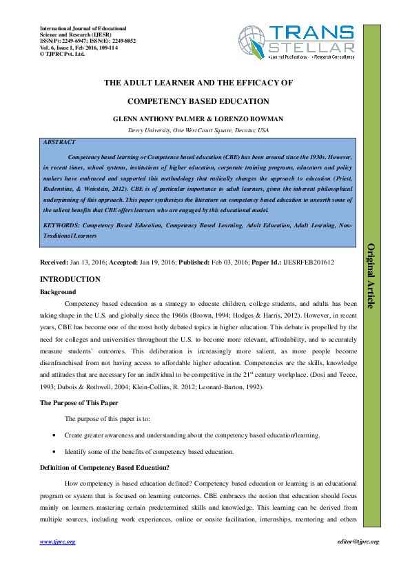 THE ADULT LEARNER AND THE EFFICACY OF COMPETENCY BASED EDUCATION