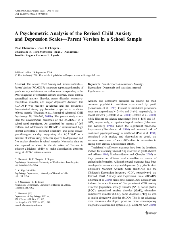 (PDF) A Psychometric Analysis of the Revised Child Anxiety and ...