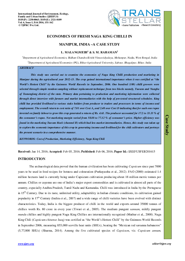 ECONOMICS OF FRESH NAGA KING CHILLI IN MANIPUR, INDIA –A CASE STUDY