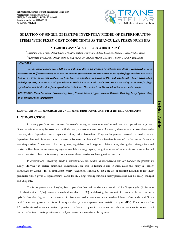 SOLUTION OF SINGLE OBJECTIVE INVENTORY MODEL OF DETERIORATING ITEMS ...