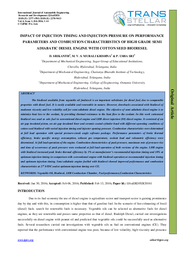 Impact Of Injection Timing And Injection Pressure On Performance Parameters And Combustion