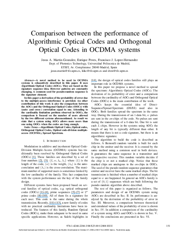 Pdf Comparison Between The Performance Of Algorithmic Optical Codes And Orthogonal Optical