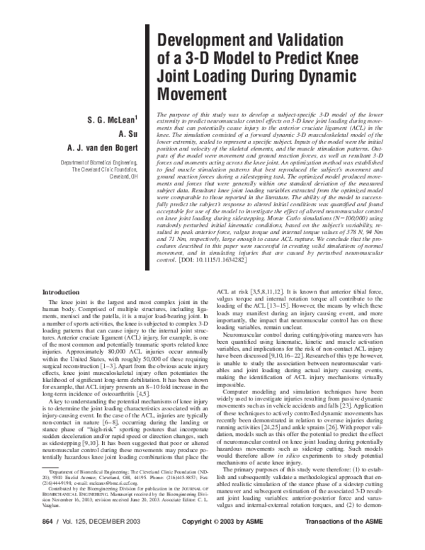 Pdf Development And Validation Of A 3 D Model To Predict Knee Joint Loading During Dynamic