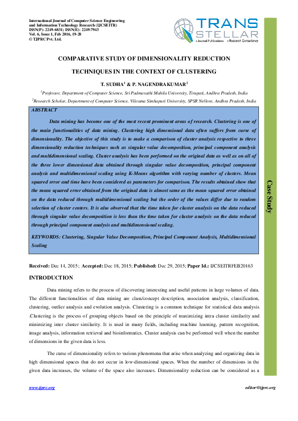 COMPARATIVE STUDY OF DIMENSIONALITY REDUCTION TECHNIQUES IN THE CONTEXT OF CLUSTERING