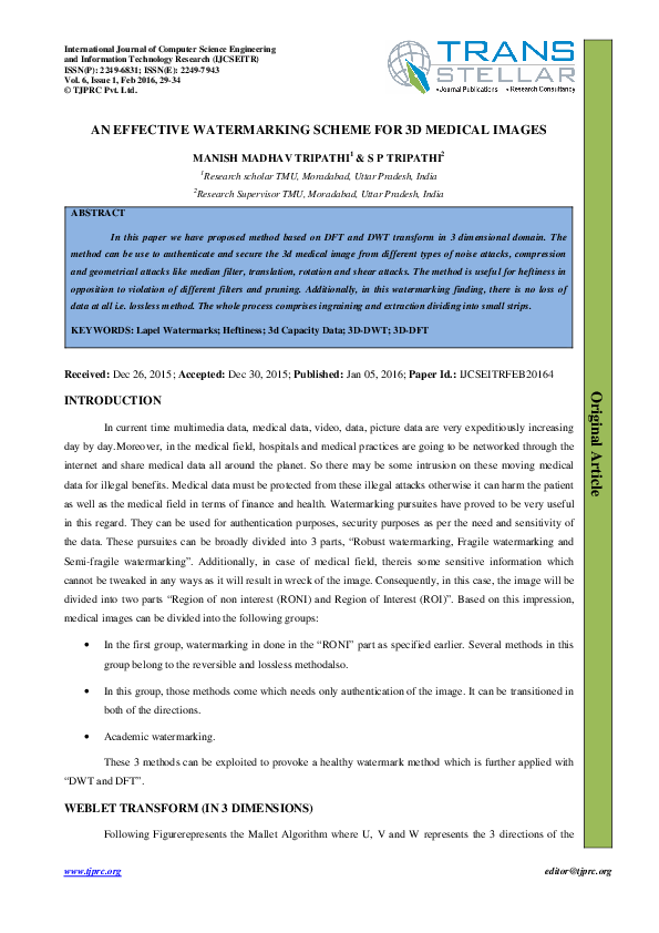 An Effective Watermarking Scheme For 3d Medical Images Tjprc Publication