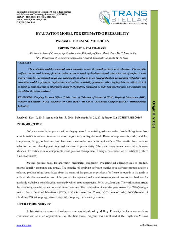 Evaluation Model For Estimating Reusability Parameter Using Metrices