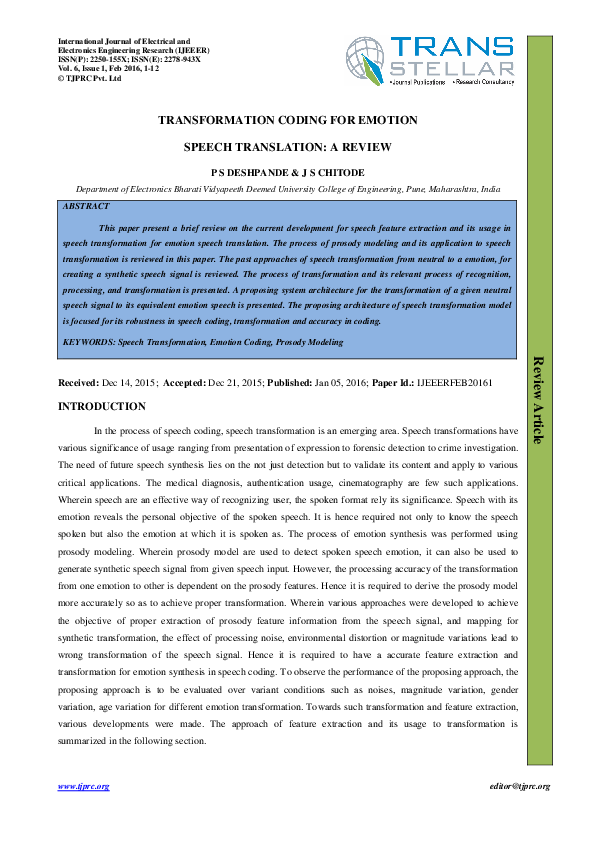 TRANSFORMATION CODING FOR EMOTION SPEECH TRANSLATION: A REVIEW