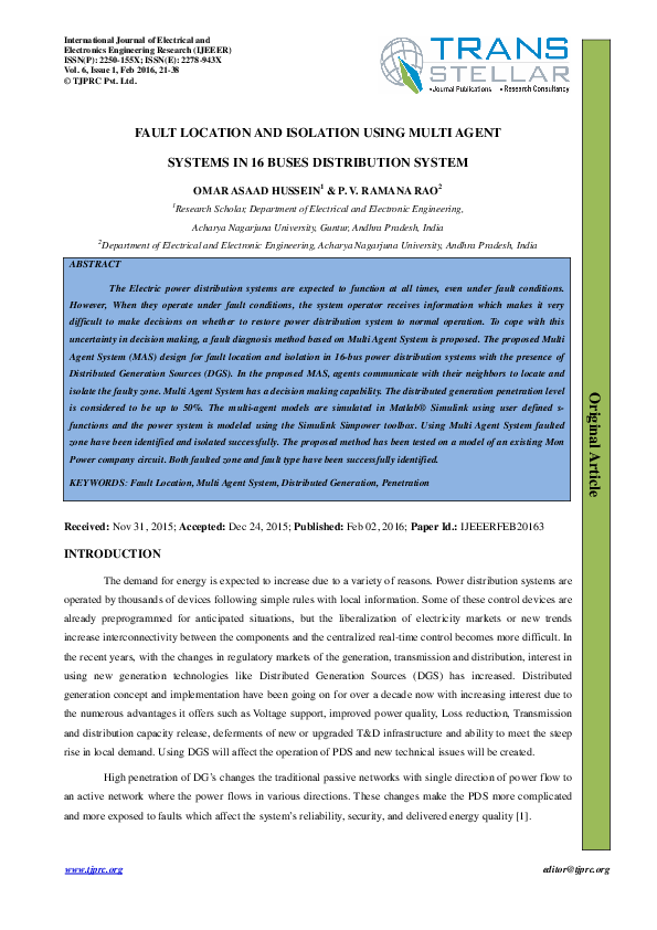 Fault Location And Isolation Using Multi Agent Systems In 16 Buses Distribution System