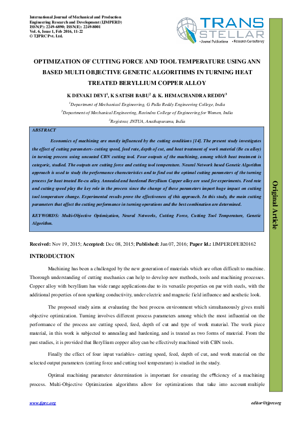 Optimization Of Cutting Force And Tool Temperature Using Ann Based Multi Objective Genetic