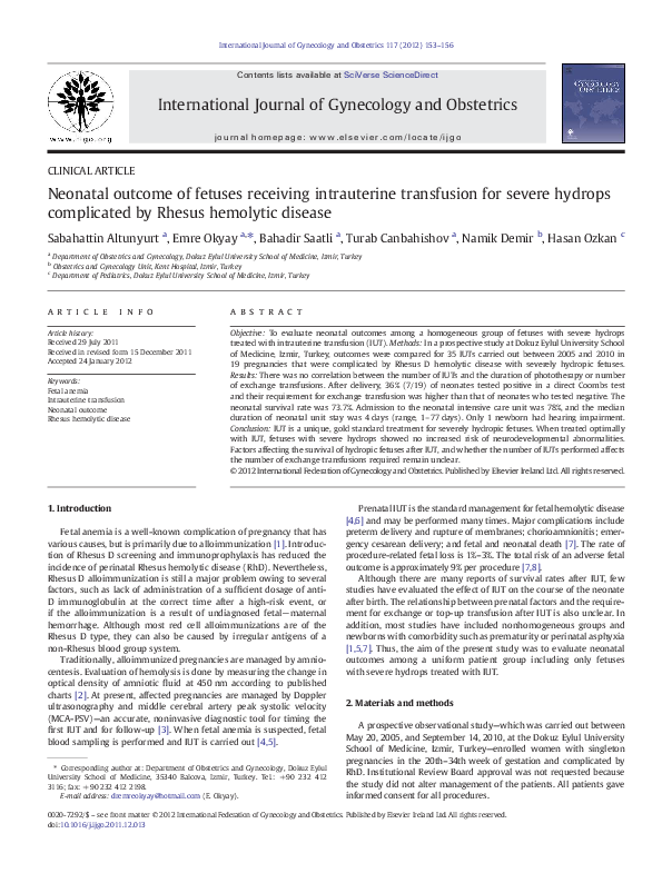 (PDF) Neonatal outcome of fetuses receiving intrauterine transfusion ...