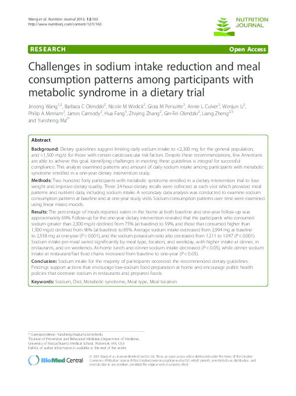 (PDF) Challenges in sodium intake reduction and meal consumption ...