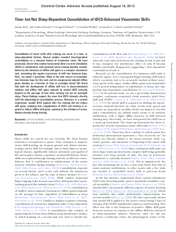 Pdf Time But Not Sleep Dependent Consolidation Of Tdcs Enhanced Visuomotor Skills