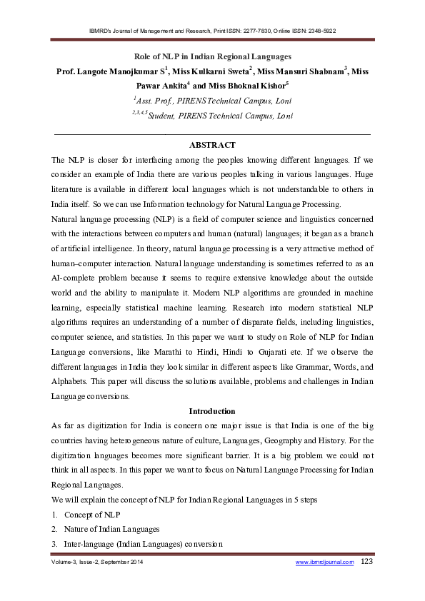 (PDF) Role of NLP in Indian Regional Languages