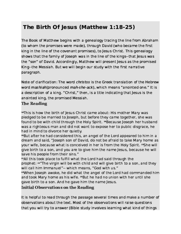 (DOC) The Birth Of Jesus (Matthew 1:18-25) The Reading