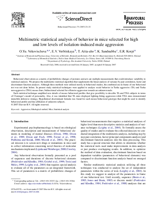 (PDF) Multimetric statistical analysis of behavior in mice selected for ...