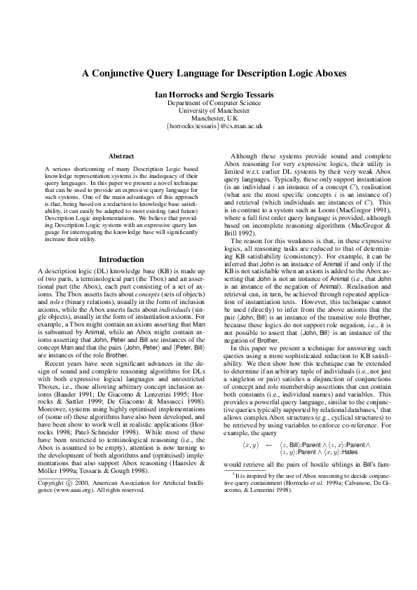 (PDF) A conjunctive query language for description logic aboxes