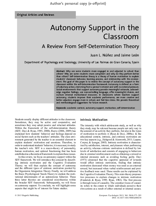 (PDF) Autonomy support in the classroom: A review from self-determination theory