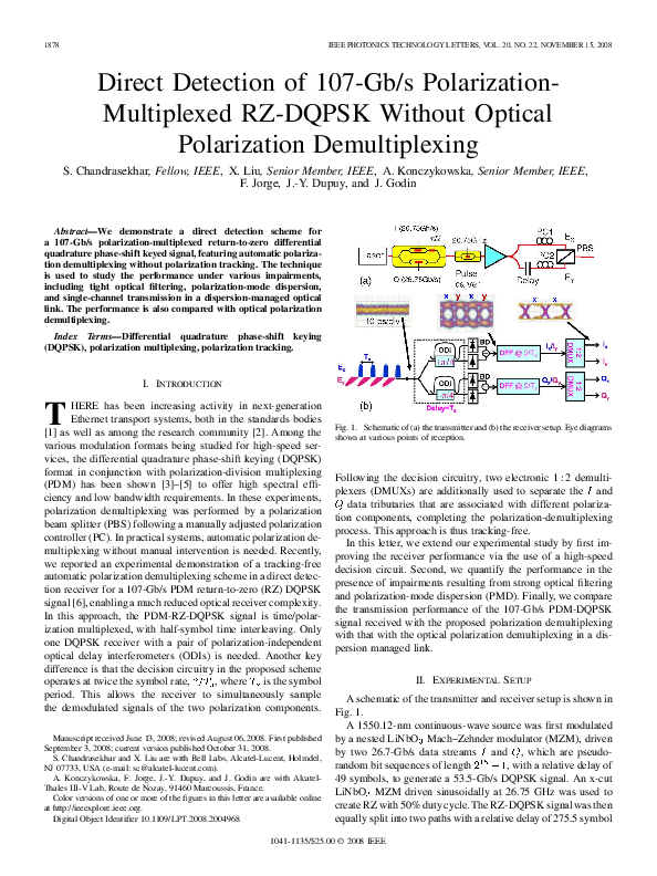 (PDF) Direct Detection of 107-Gb/s Polarization-Multiplexed RZ-DQPSK Without Optical ...