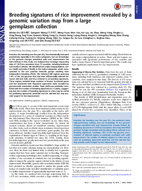 (PDF) Breeding signatures of rice improvement revealed by a genomic ...