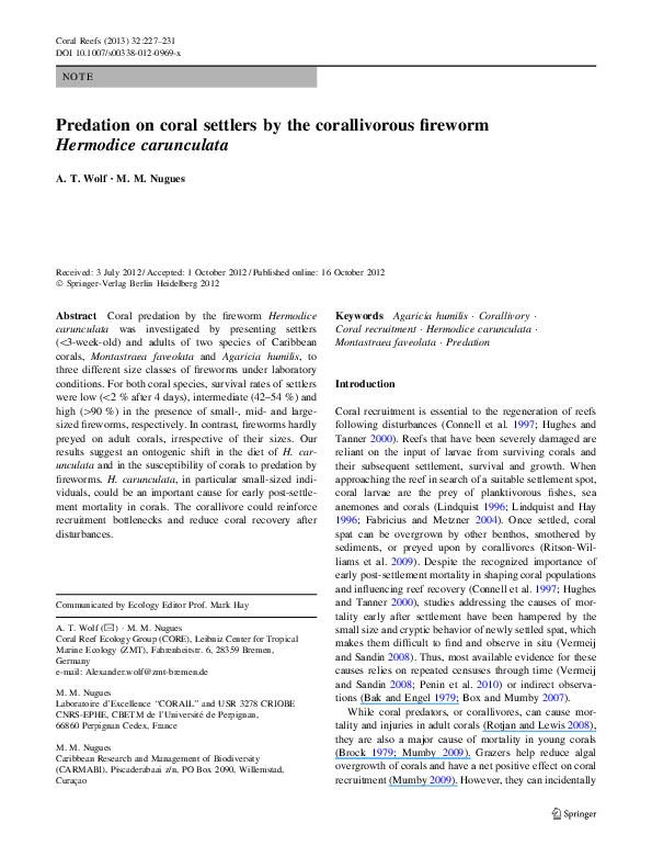 (PDF) Predation on coral settlers by the corallivorous fireworm ...