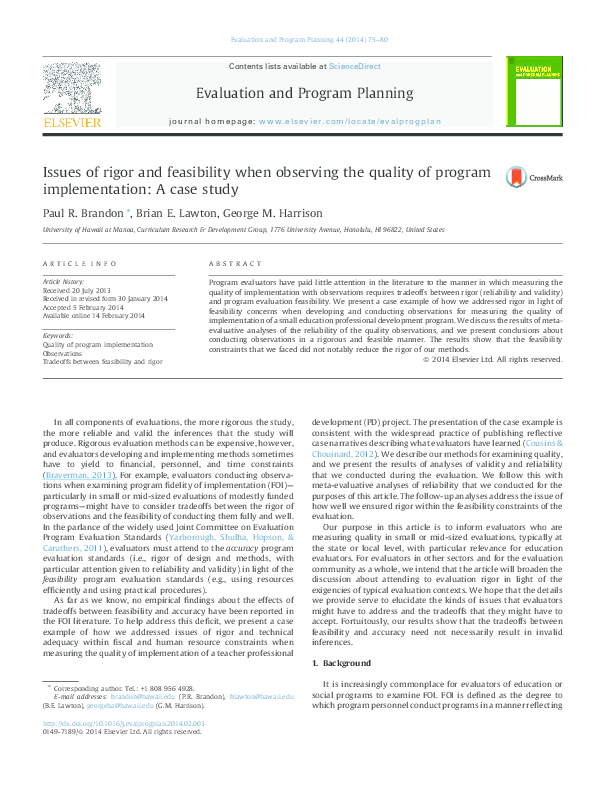 (PDF) Issues of rigor and feasibility when observing the quality of ...