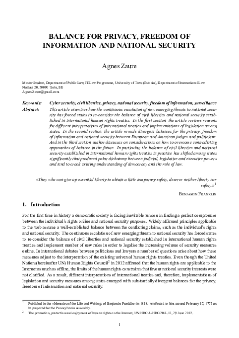 (PDF) BALANCE FOR PRIVACY, FREEDOM OF INFORMATION AND NATIONAL SECURITY