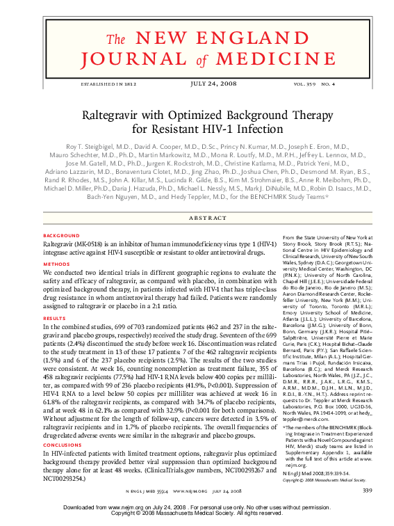 (PDF) Raltegravir with Optimized Background Therapy for Resistant HIV-1 ...
