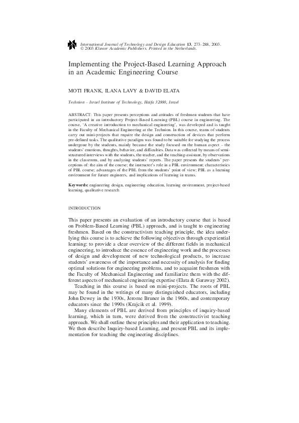 Pdf Implementing The Project Based Learning Approach In An Academic Engineering Course
