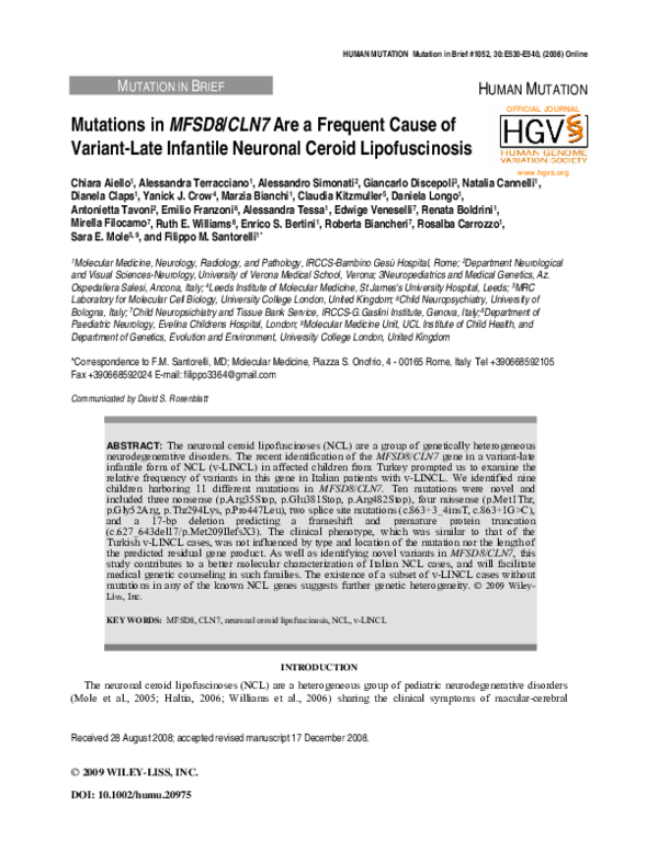 (PDF) Mutations in MFSD8/CLN7 are a frequent cause of variant-late ...