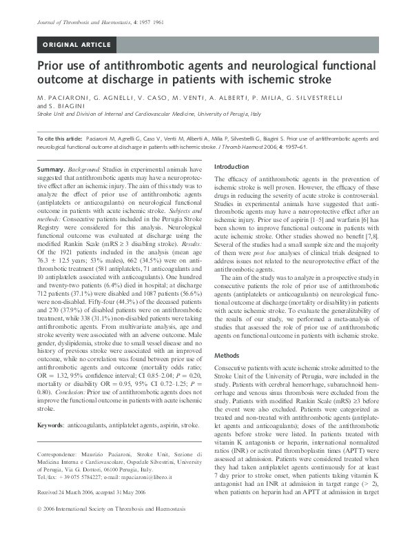(PDF) Prior use of antithrombotic agents and neurological functional ...