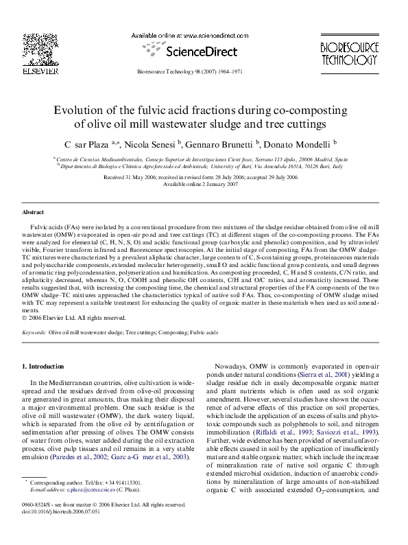 (PDF) Evolution of the fulvic acid fractions during co-composting of olive oil mill wastewater ...