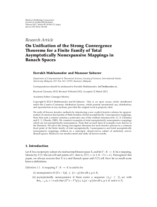 (PDF) On Unification of the Strong Convergence Theorems for a Finite Family of Total ...