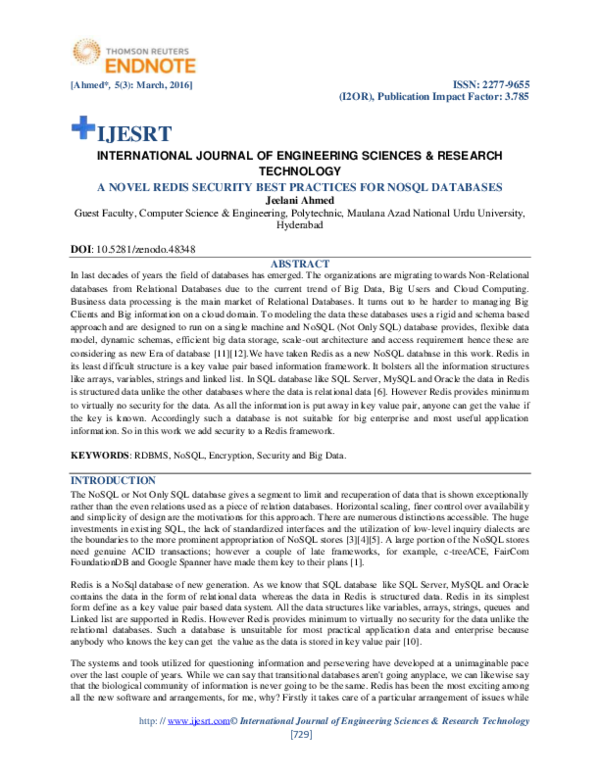 Pdf A Novel Redis Security Best Practices For Nosql Databases