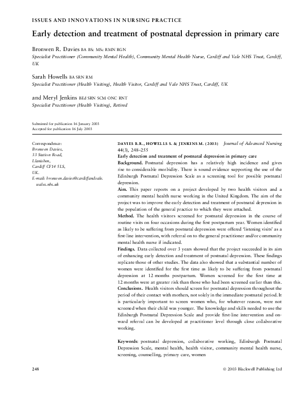 (PDF) Early detection and treatment of postnatal depression in primary care