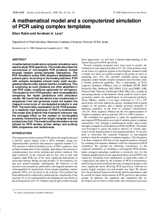 (PDF) A mathematical model and a computerized simulation of PCR using ...