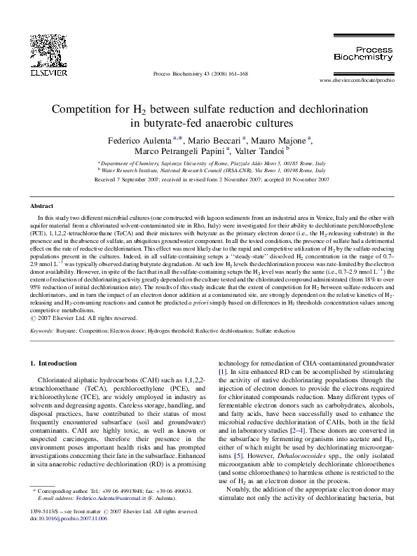 (PDF) Competition for H2 between sulfate reduction and dechlorination in butyrate-fed anaerobic ...