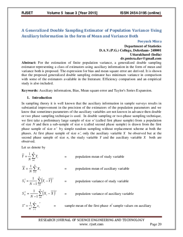 Pdf A Generalized Double Sampling Estimator Of Population Variance Using Auxiliary Information
