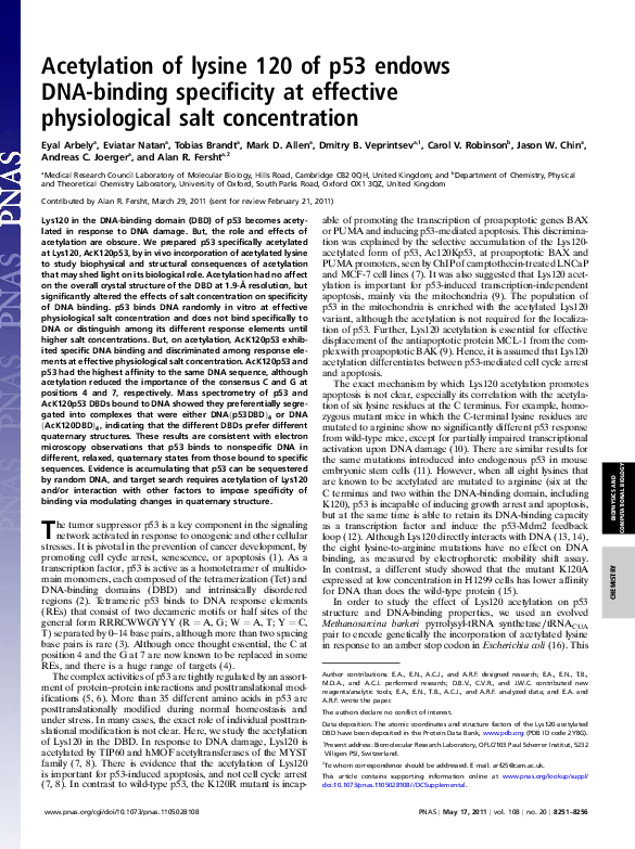 (PDF) Acetylation of lysine 120 of p53 endows DNA-binding specificity at effective physiological ...