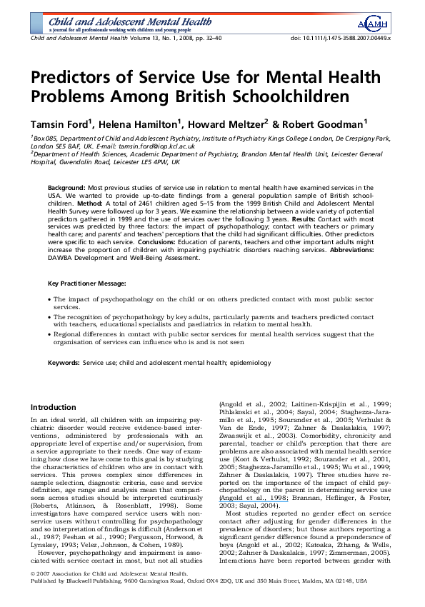 (PDF) Predictors of Service Use for Mental Health Problems Among British Schoolchildren