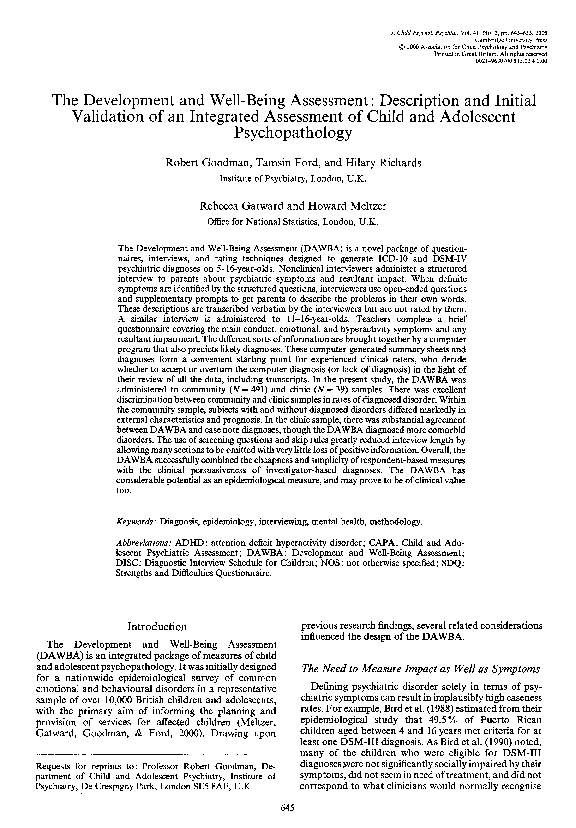 (PDF) The Development and Well-Being Assessment: Description and Initial Validation of an ...