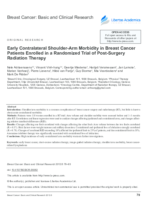 (PDF) Early Contralateral Shoulder-Arm Morbidity in Breast Cancer ...