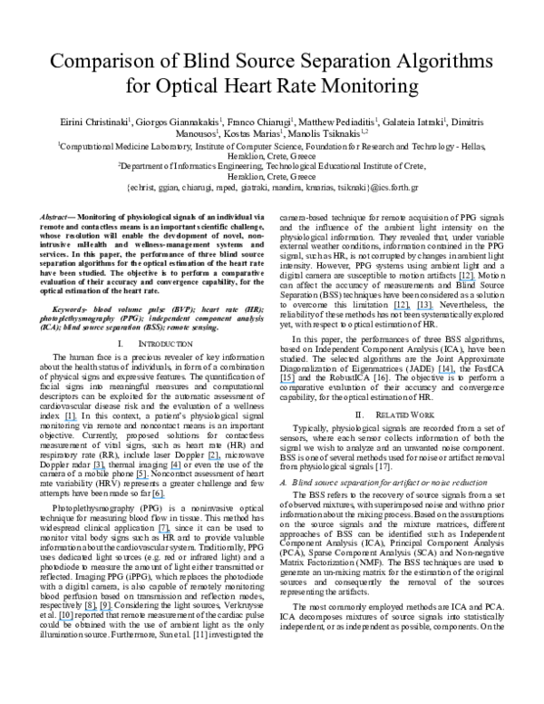 (PDF) Comparison of Blind Source Separation Algorithms for Optical Heart Rate Monitoring