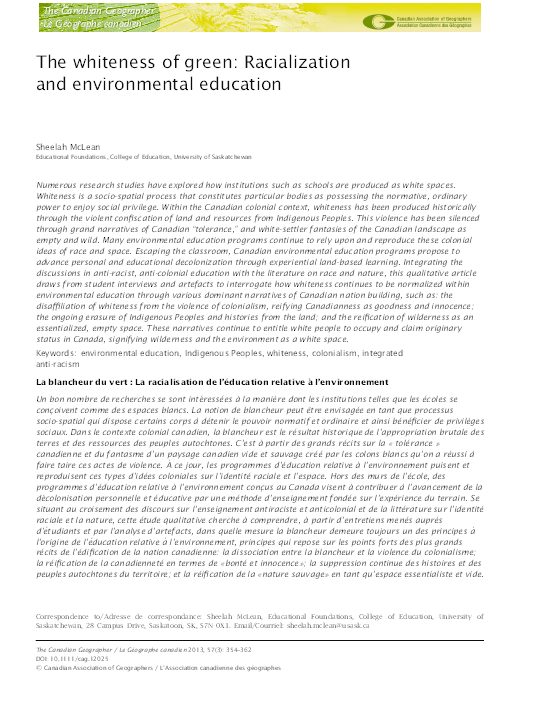 (PDF) The whiteness of green: Racialization and environmental education ...