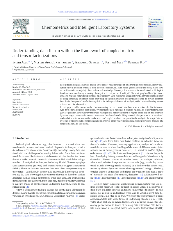 Pdf Understanding Data Fusion Within The Framework Of Coupled Matrix And Tensor Factorizations