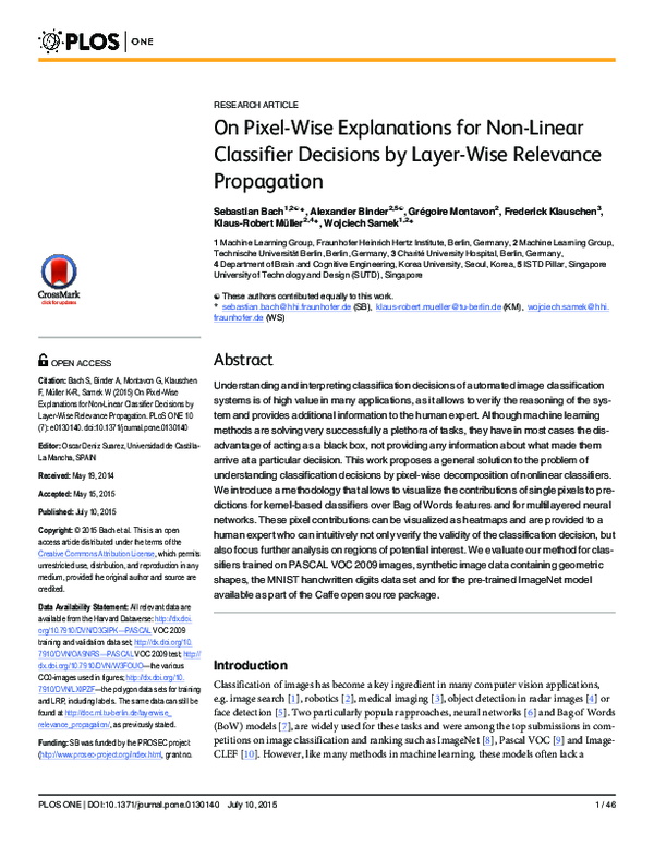 Pdf On Pixel Wise Explanations For Non Linear Classifier Decisions By Layer Wise Relevance