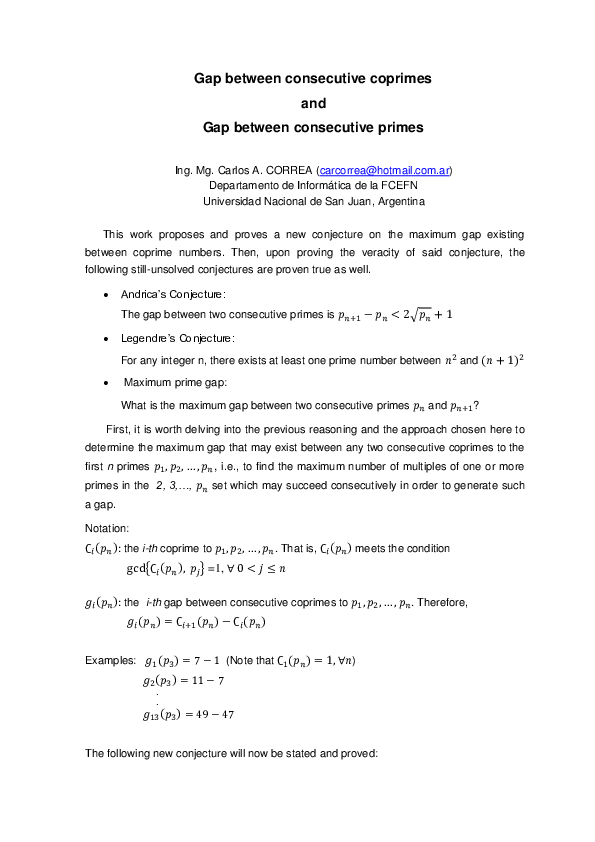 (PDF) Gap between consecutive coprimes and Gap between consecutive primes