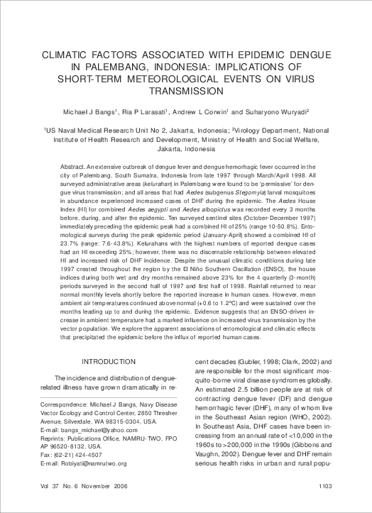 (PDF) Climatic factors associated with epidemic dengue in Palembang, Indonesia: implications of ...