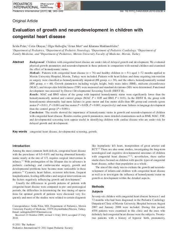 (PDF) Evaluation of growth and neurodevelopment in children with congenital heart disease